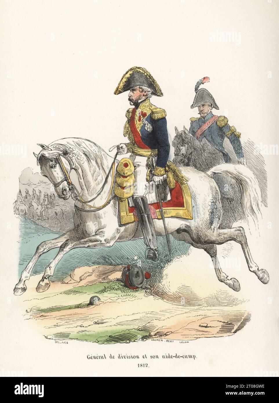 Französischer Generalmajor und sein Helfer, der mit Truppen reitet ...