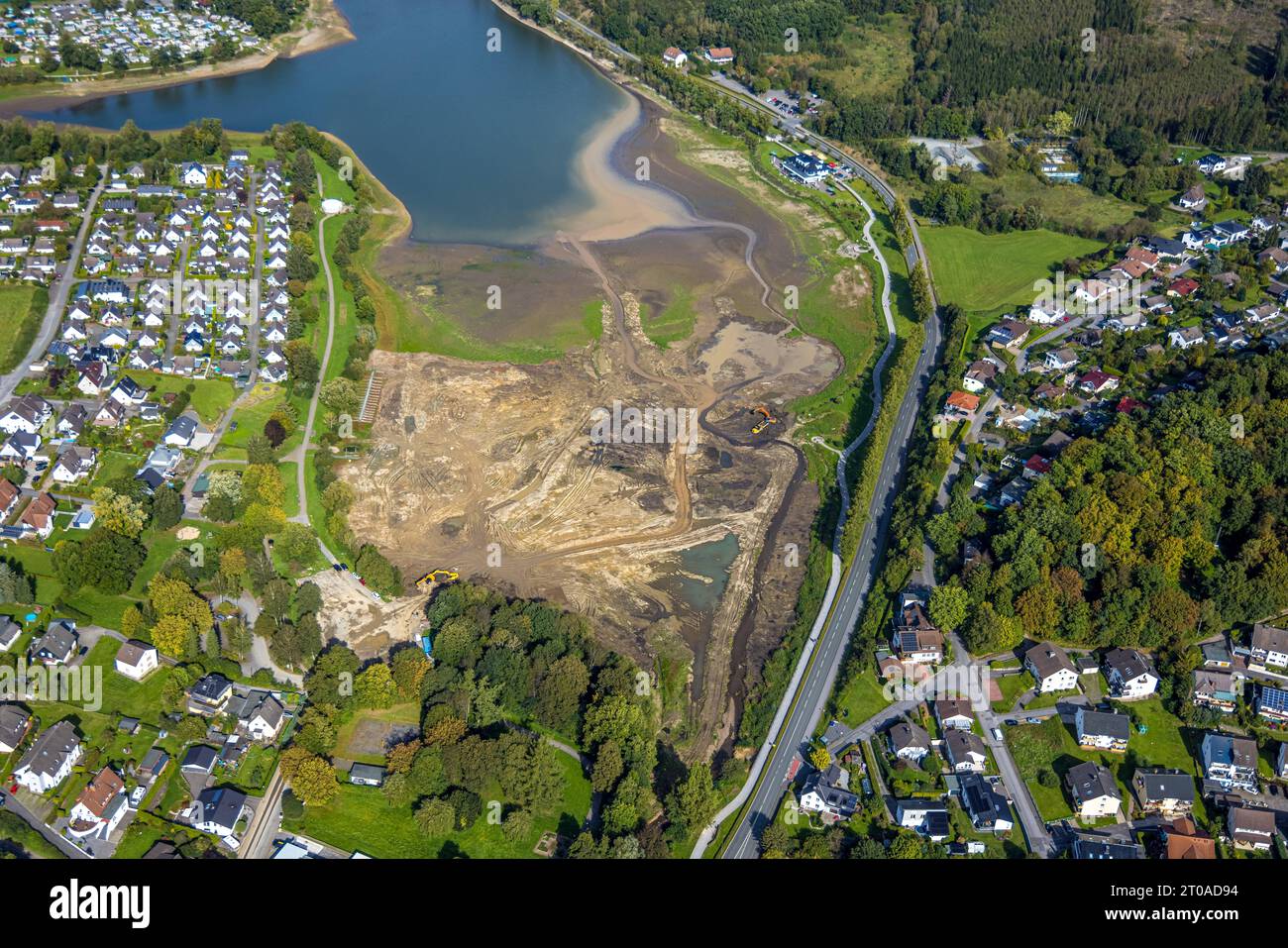 Luftbild, Vorbecken Sorpetalsperre mit Baustelle, Ruhrverband Arbeiten ...