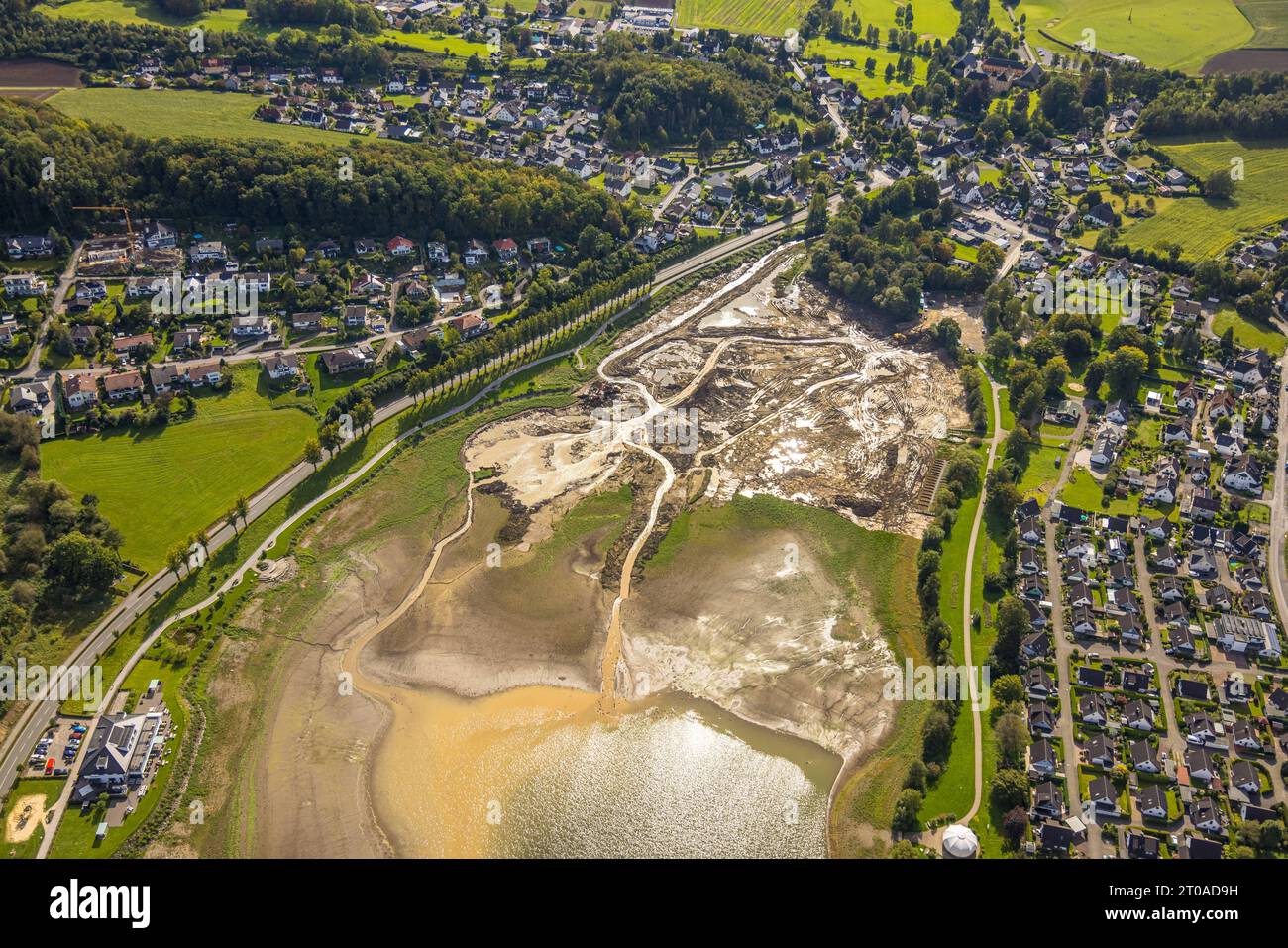 Luftbild, Vorbecken Sorpetalsperre mit Baustelle, Ruhrverband Arbeiten ...