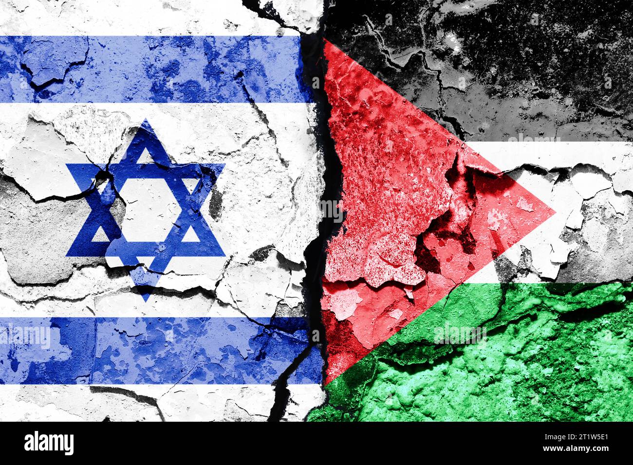 FOTOMONTAGE, Fahnen von Israel und Palästina mit Riss, Nahost-Konflikt ...