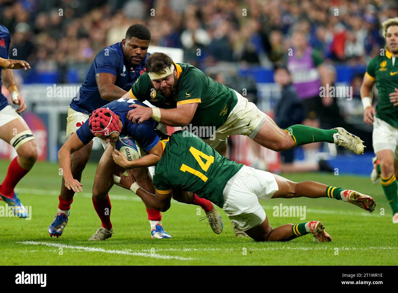 Der französische Louis Bielle-Biarrey wird beim Viertelfinalspiel der Rugby-Weltmeisterschaft ...