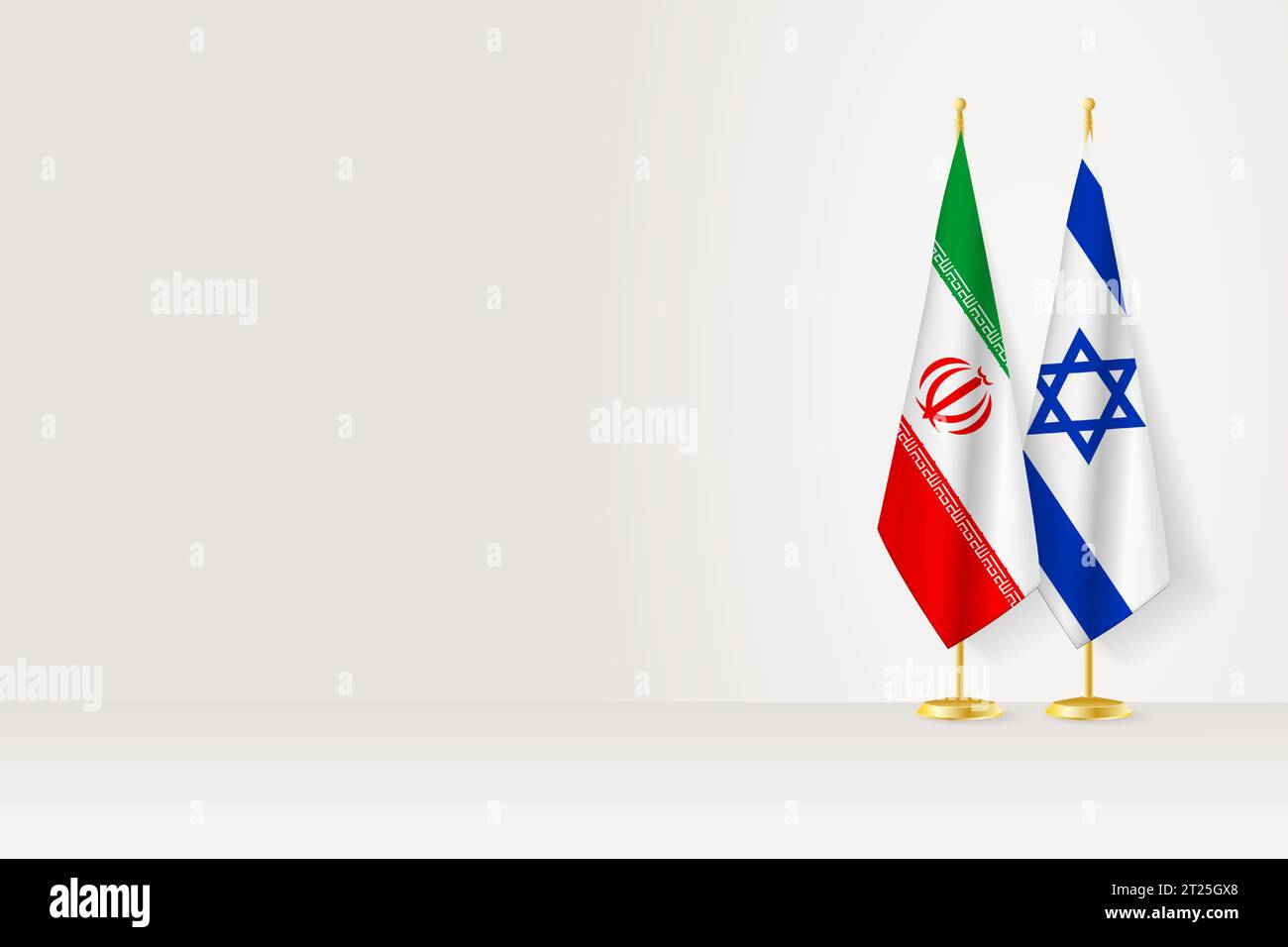 Flaggen des Iran und Israels auf Flaggenstand, treffen sich zwischen zwei Ländern. Vektorvorlage ...