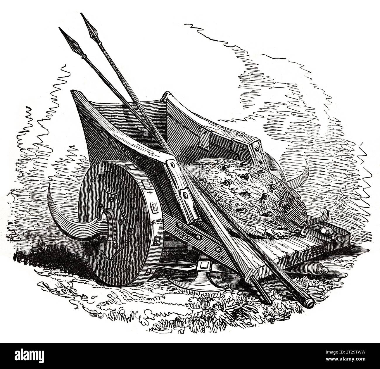 Antike Briten war Chariot, Shield and Spears; Schwarz-weiß-Illustration ...
