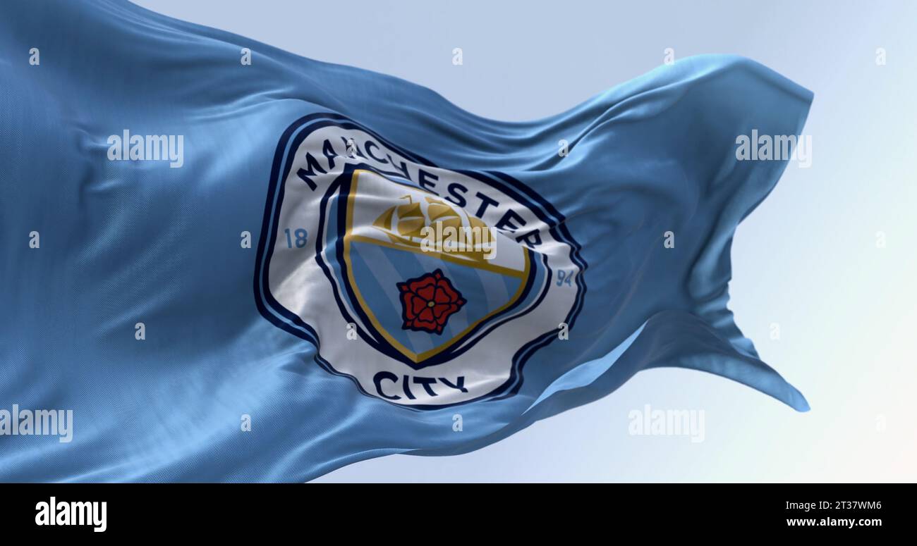 Manchester, UK, 10. Oktober 2023: Nahaufnahme der Flagge des Manchester ...