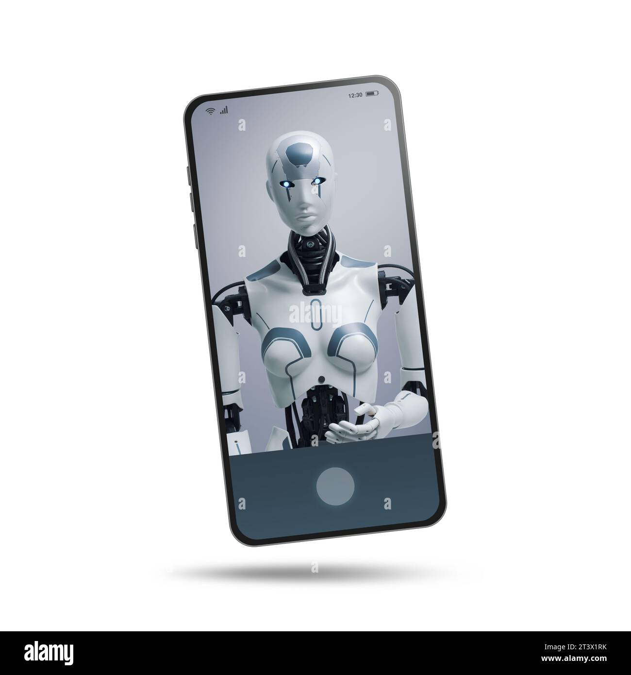Virtueller humanoider Roboter mit künstlicher Intelligenz auf dem Smartphone spricht und hilft ...