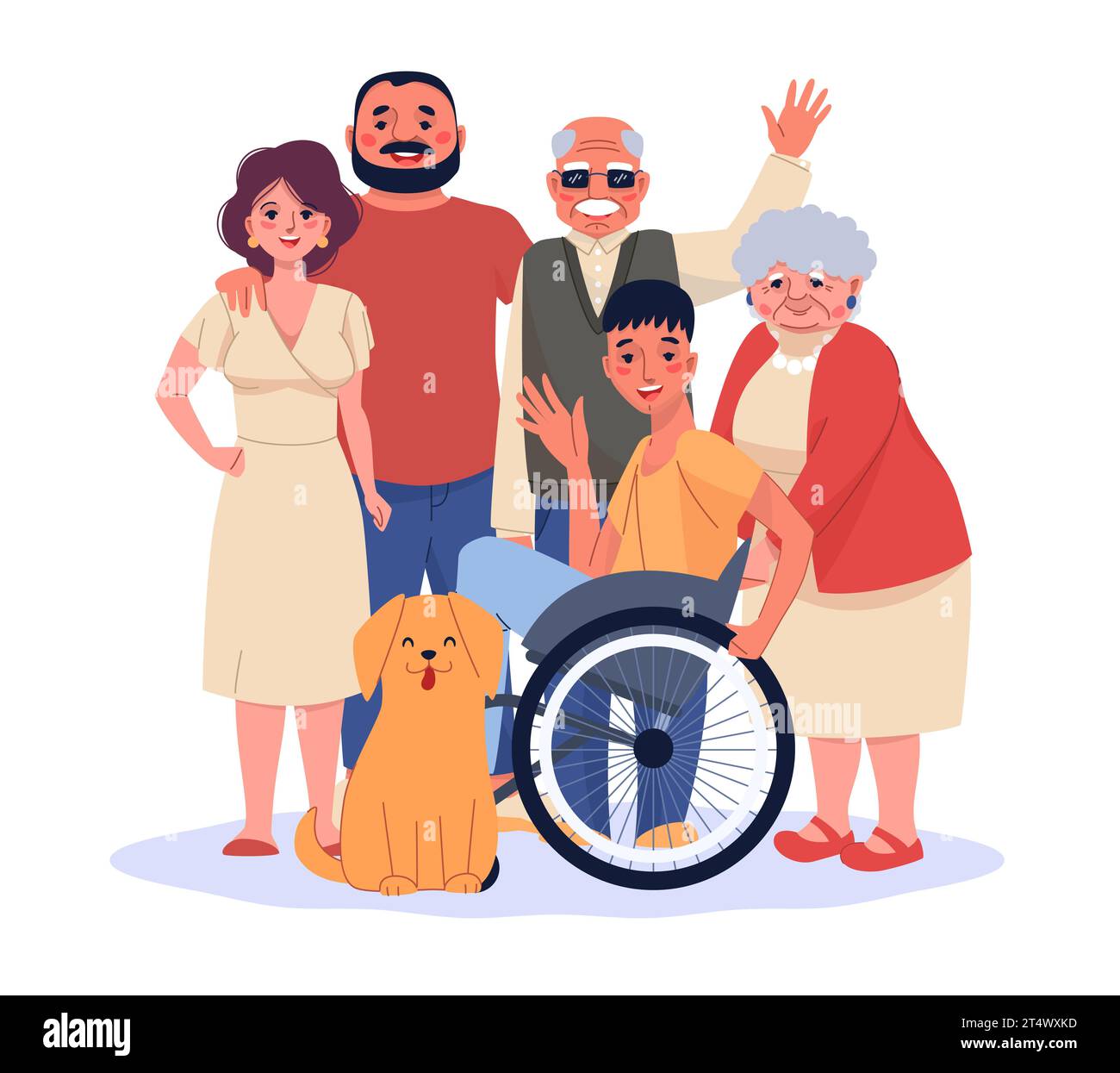 Glückliche Familie mit behinderten Mitgliedern. Lächelnde Comic-Leute, Teenager im Rollstuhl ...