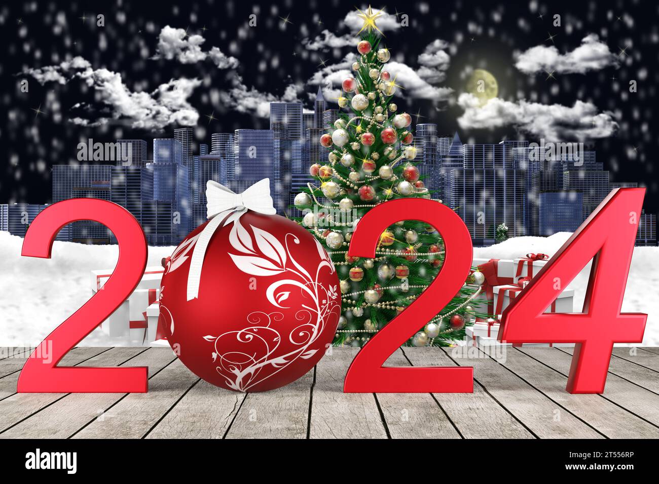 3D-Illustration. Neues Jahr 2024. Neujahr 2024 in Zahlen und ...