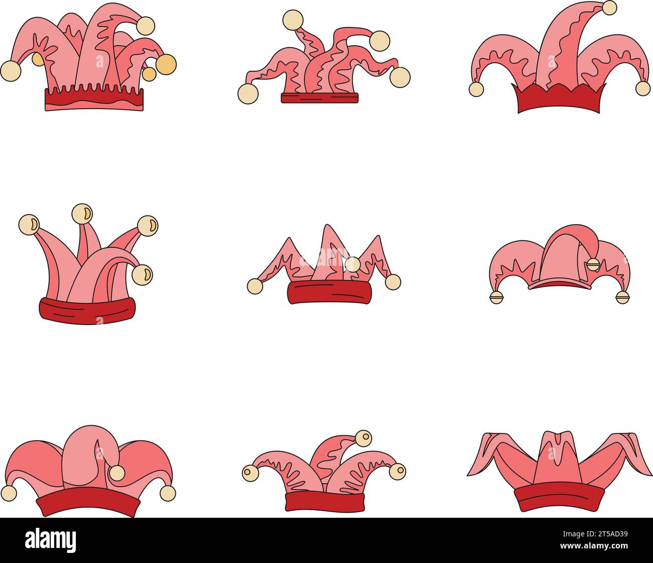 Jester Narren Hut Symbole gesetzt. Umrissdarstellung von 9 Narren hat ...