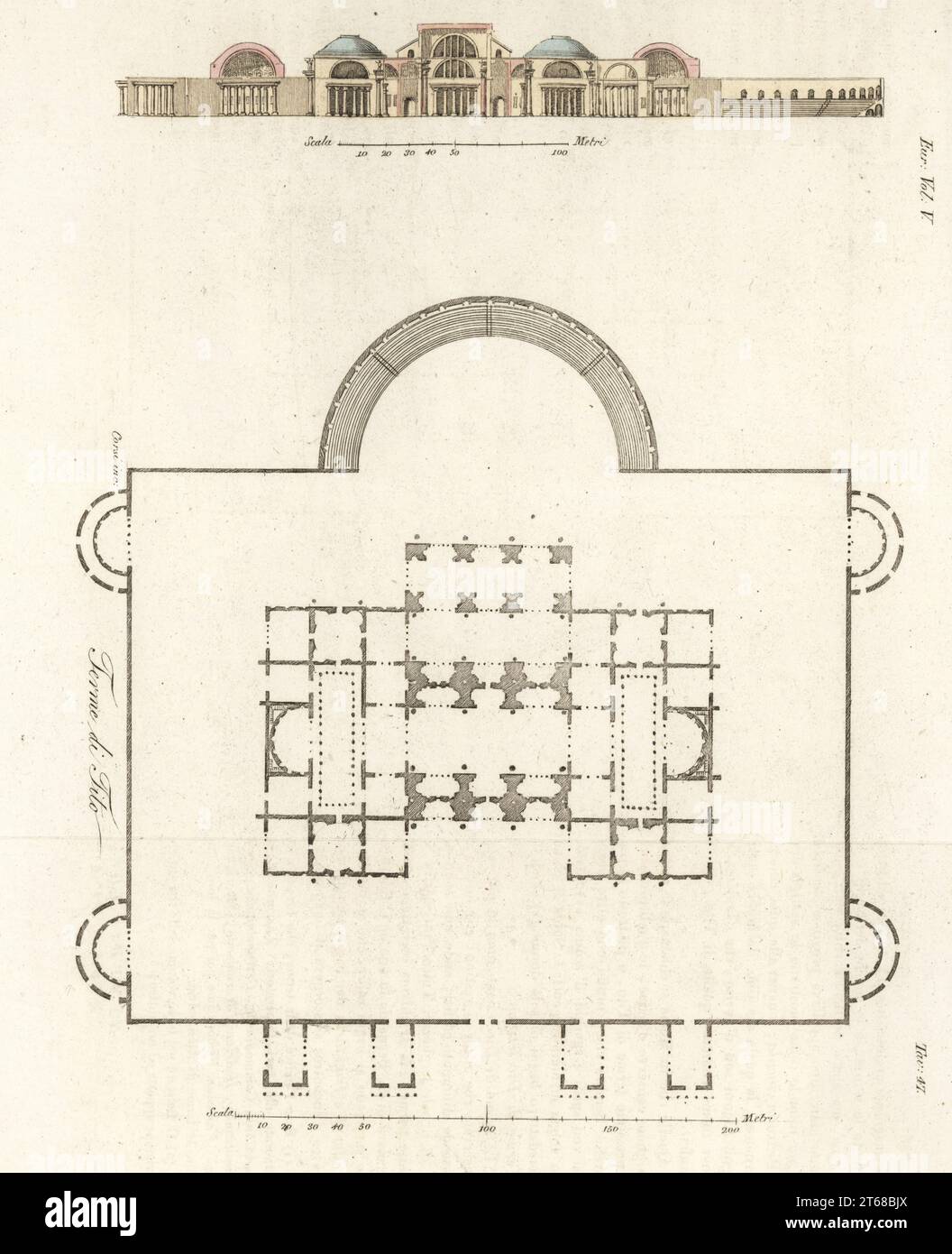 Plan und Höhe der Titus-Thermen in Rom. Thermae Titi, öffentliche Bäder ...