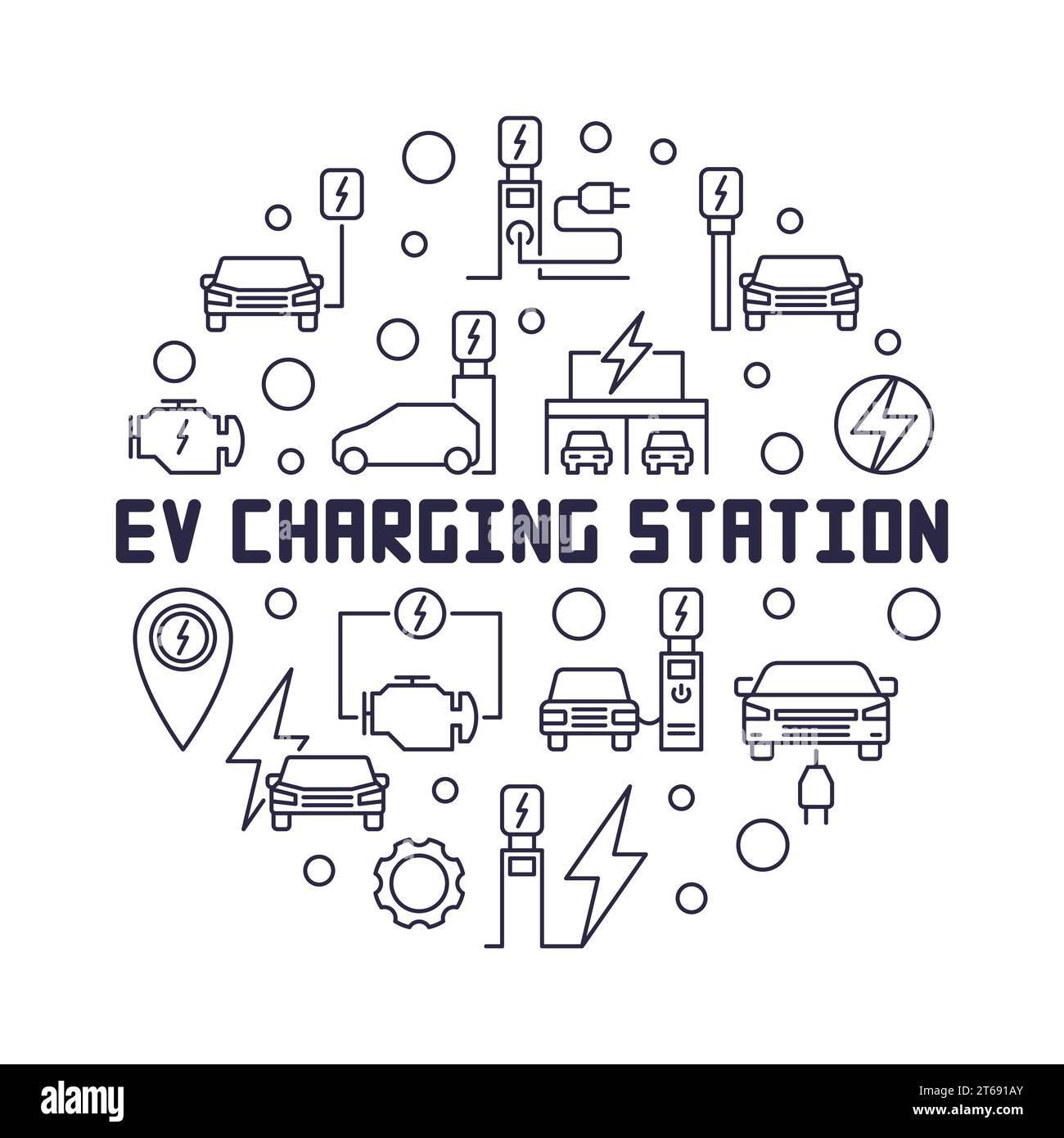 Runder Vektor-Illustration der EV-Ladestation in dünner Linie. Lineares Symbol für das ...