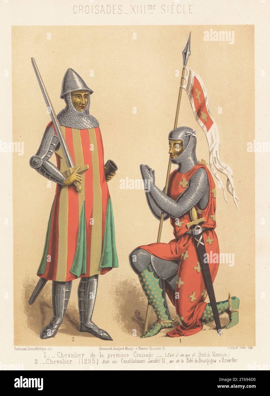 Kniender Ritter aus dem Ersten Kreuzzug, aus einem Manuskript im Britischen Museum, und ...
