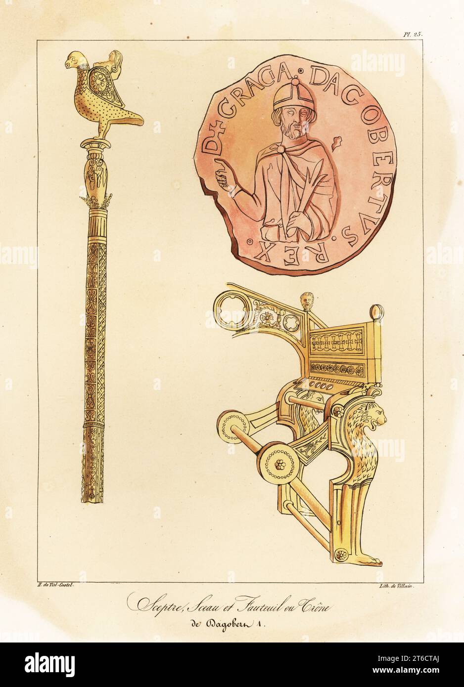 Zepter, Siegel und Thron von Dagobert I (c. 603-639), König von Australien, alle Franken ...