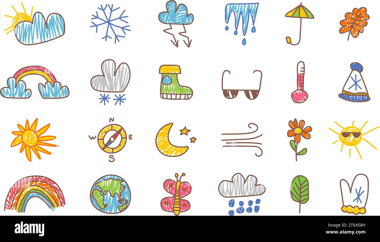 Wettersymbole im Zeichenstil für Kinder. Mit Bleistift zeichnen ...