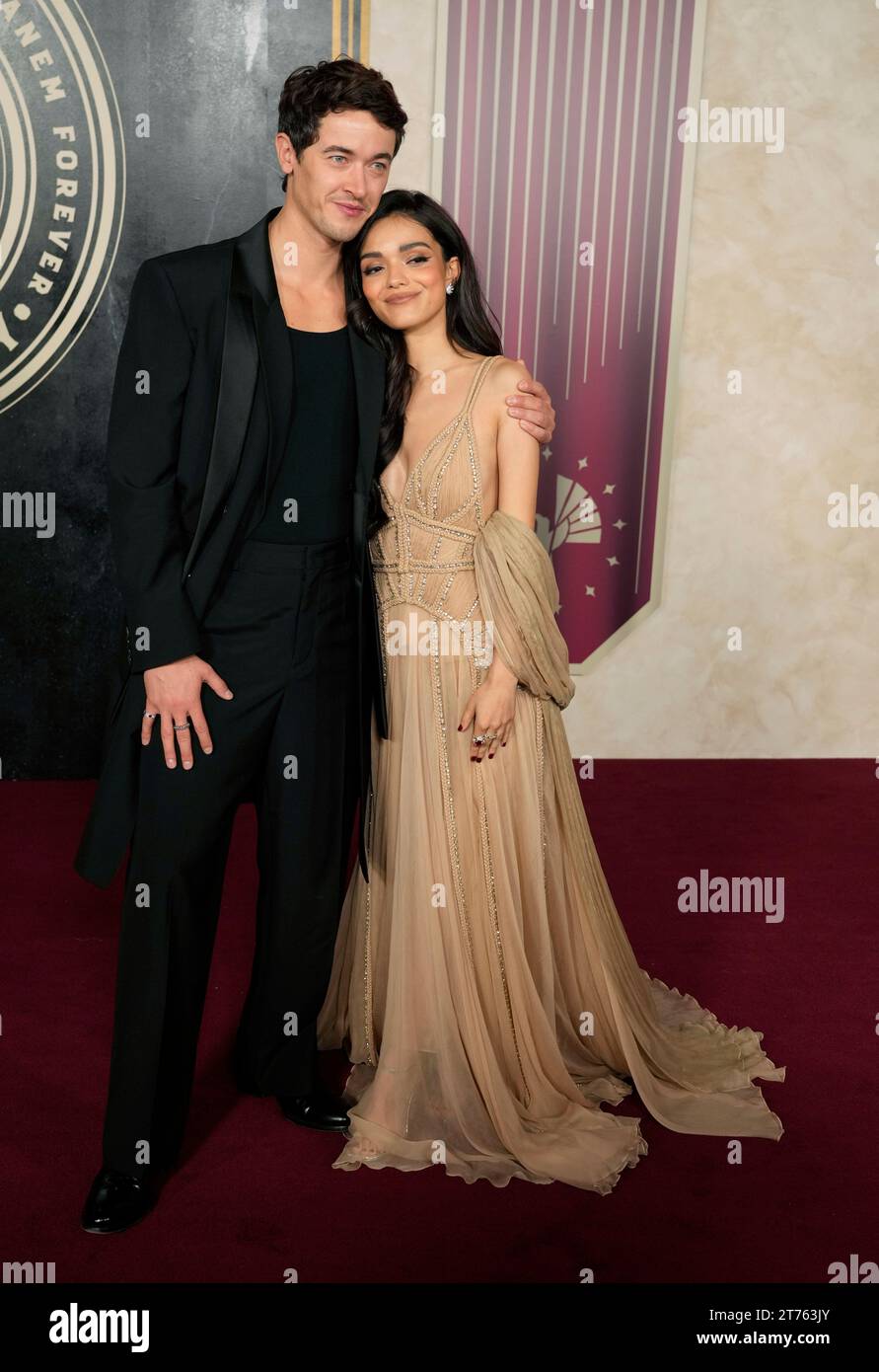 Tom Blyth, left, and Rachel Zegler, cast members in "The Hunger Games ...