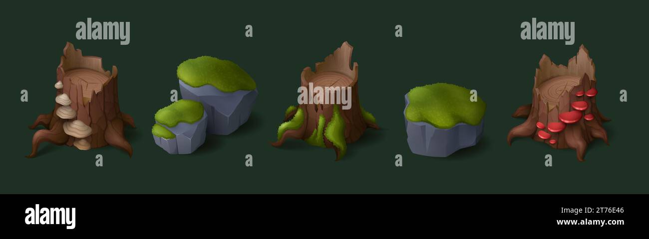 Stumpf von gefälltem Baum und Felsen mit Moos, Gras und Pilzen. Comic ...