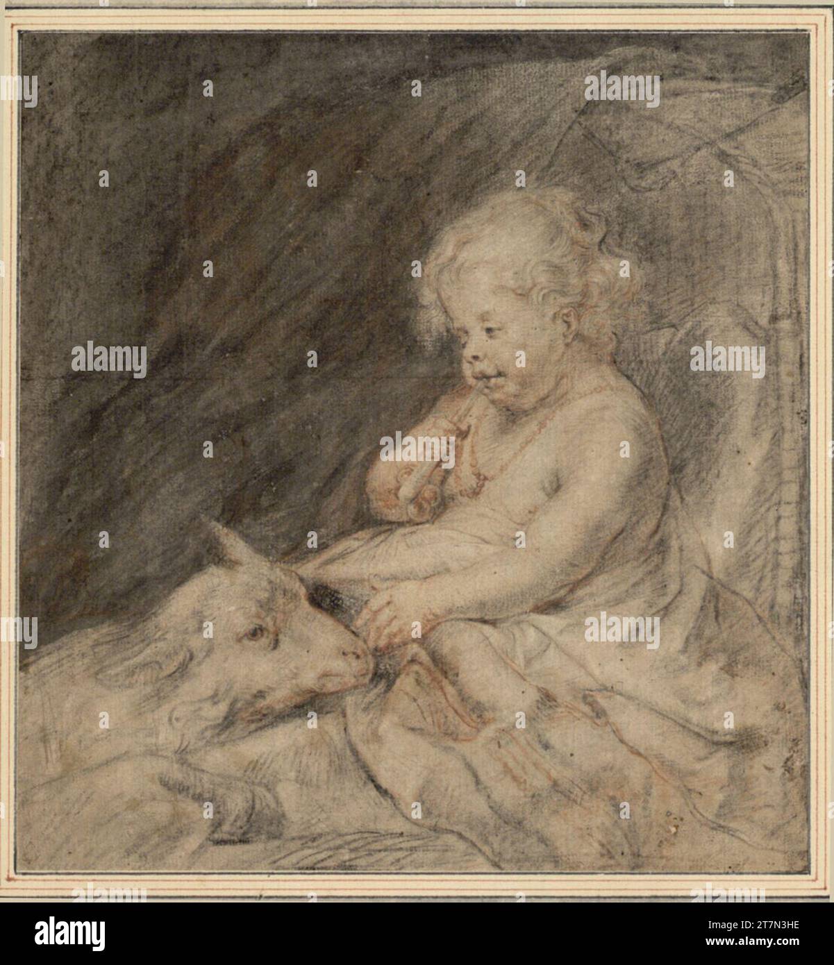 Jacob Jordaens Kind mit Hirtenpfeife in der Wiege und einem Lamm, das ...