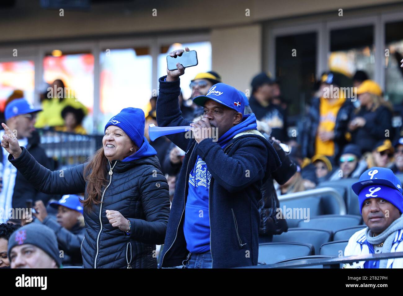 Fans genießen das Baseballspiel zwischen den Las Águilas Cibaeñas und ...