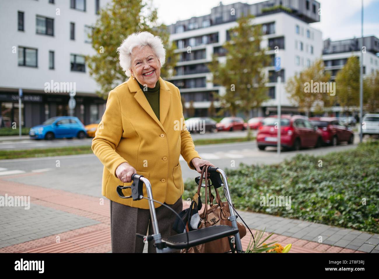 Seniorin mit einem Gehhilfen, der am Herbsttag auf den Straßen der ...