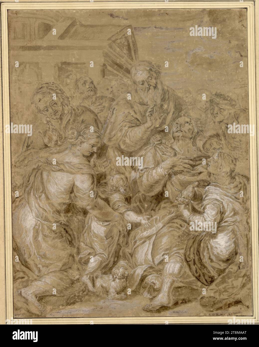 Komposition mit vielen Figuren: Sitzender Mann, Hand auf Brust ...