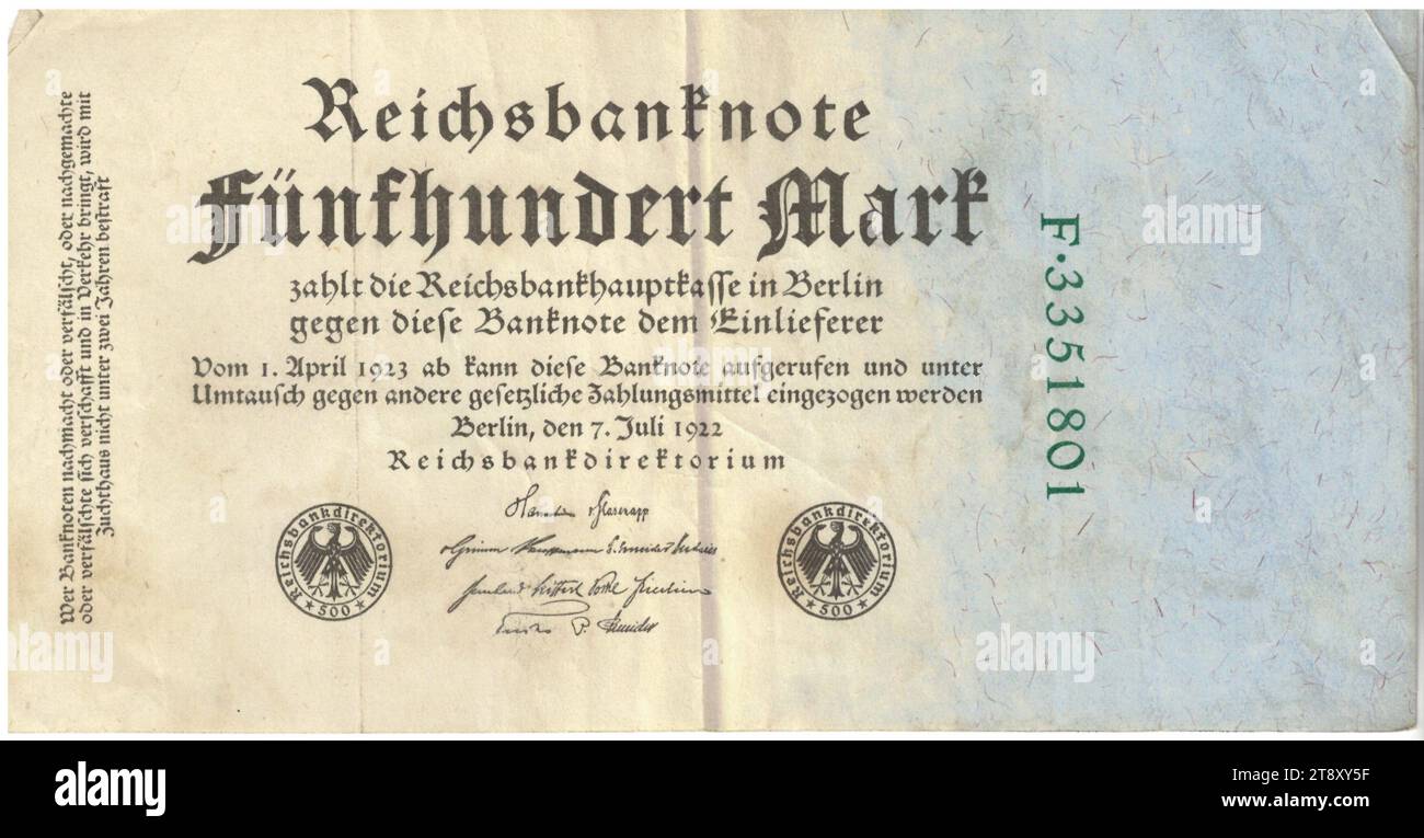 ReichsBanknote, 500 Mark, (Deutsche) Reichsbank, Münzanstalt, 07.07. ...