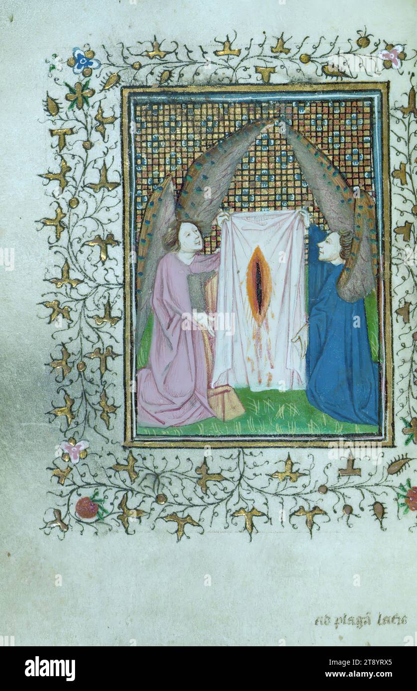 Stundenbuch (Zisterzienserin), blutende Wunde auf einem Tuch, das von zwei knienden Engeln ...