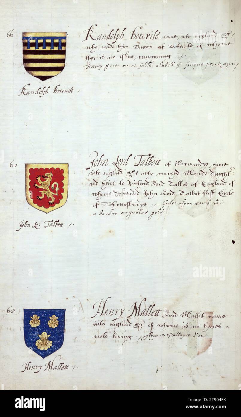 Buch der englischen Heraldik, Wappen von Randolph Botevile, John Lord Talbott und Henry Mallett ...