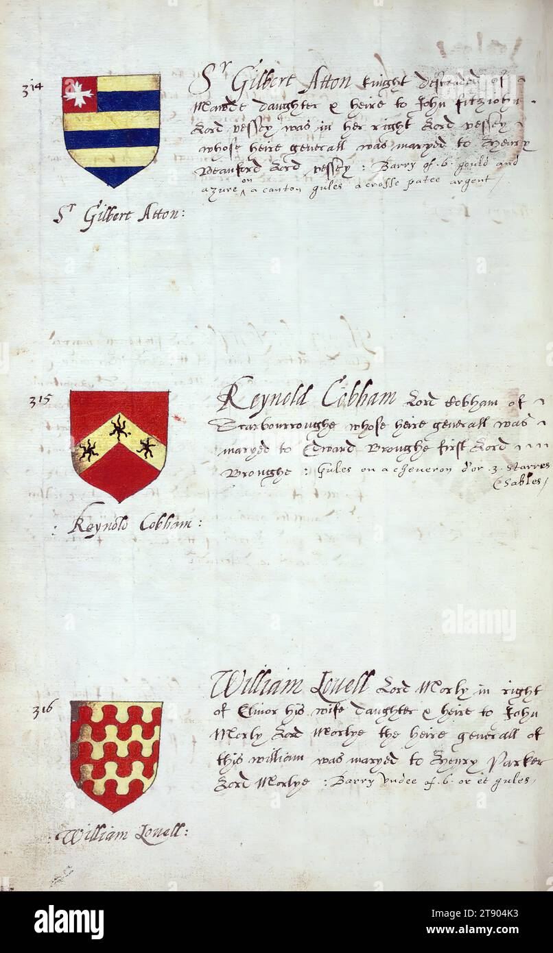 Buch der englischen Heraldik, Wappen von Sr Gilbert Atton, Reynold Cobham und William Lowell ...