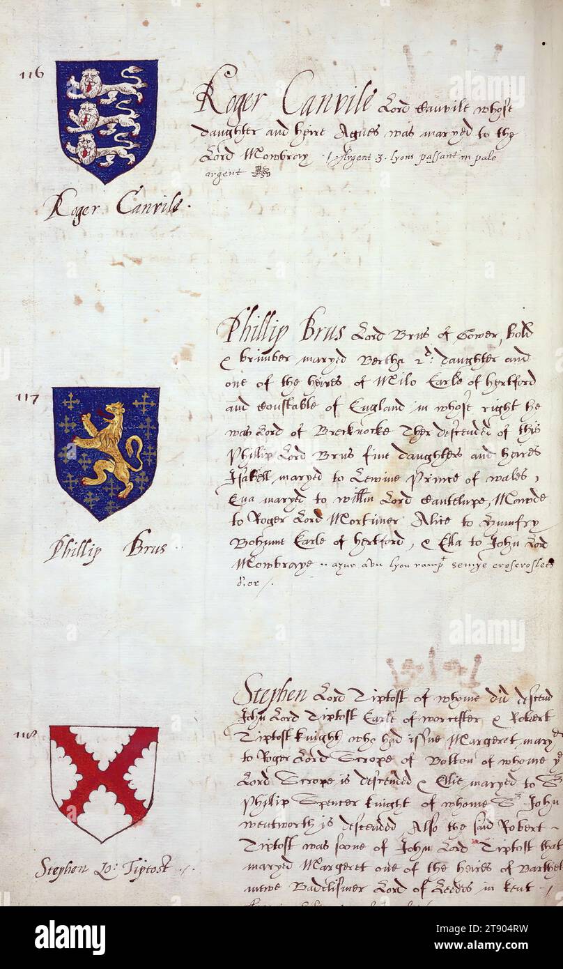 Buch der englischen Heraldik, Wappen von Roger Canvile, Phillip Brus und Stephen Lord Tiptoft ...