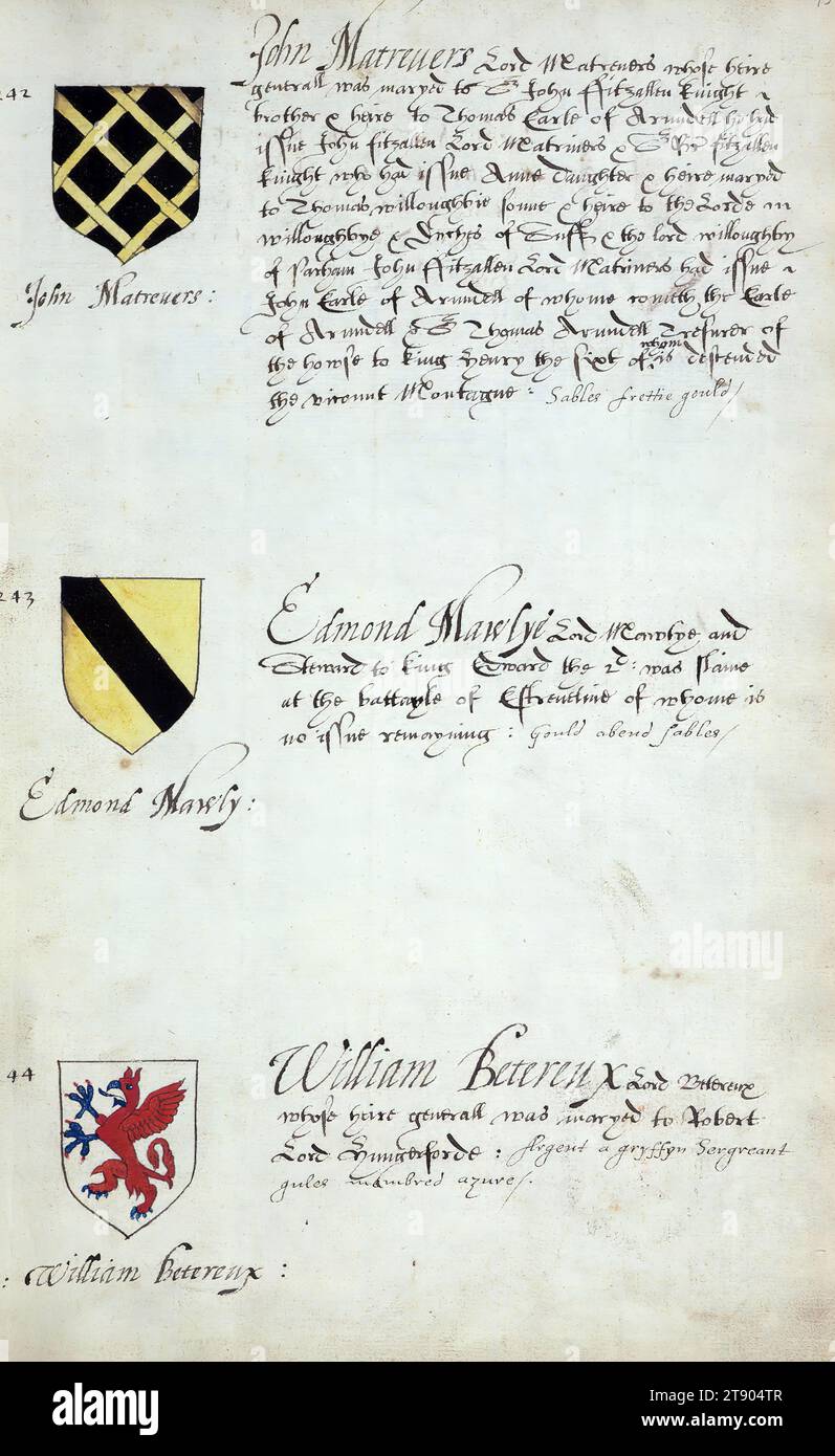 Buch der englischen Heraldik, Wappen von John Matreuers, Edmonst Mawly und William Betereu ...