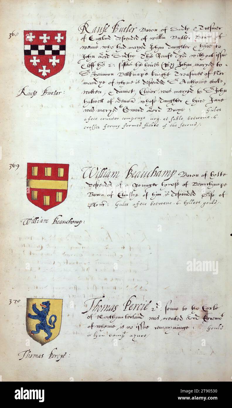 Buch der englischen Heraldik, Wappen von Raufe Butler, William Beauchamp und Thomas Percye ...
