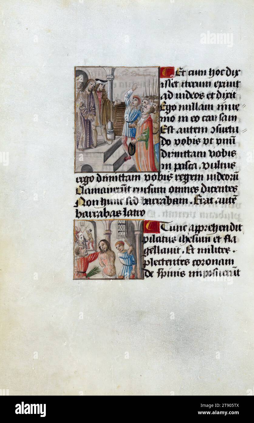 Gebetsbuch, oben - die Juden befreien Barabbas anstelle von Christus; unten - Geißelung und ...