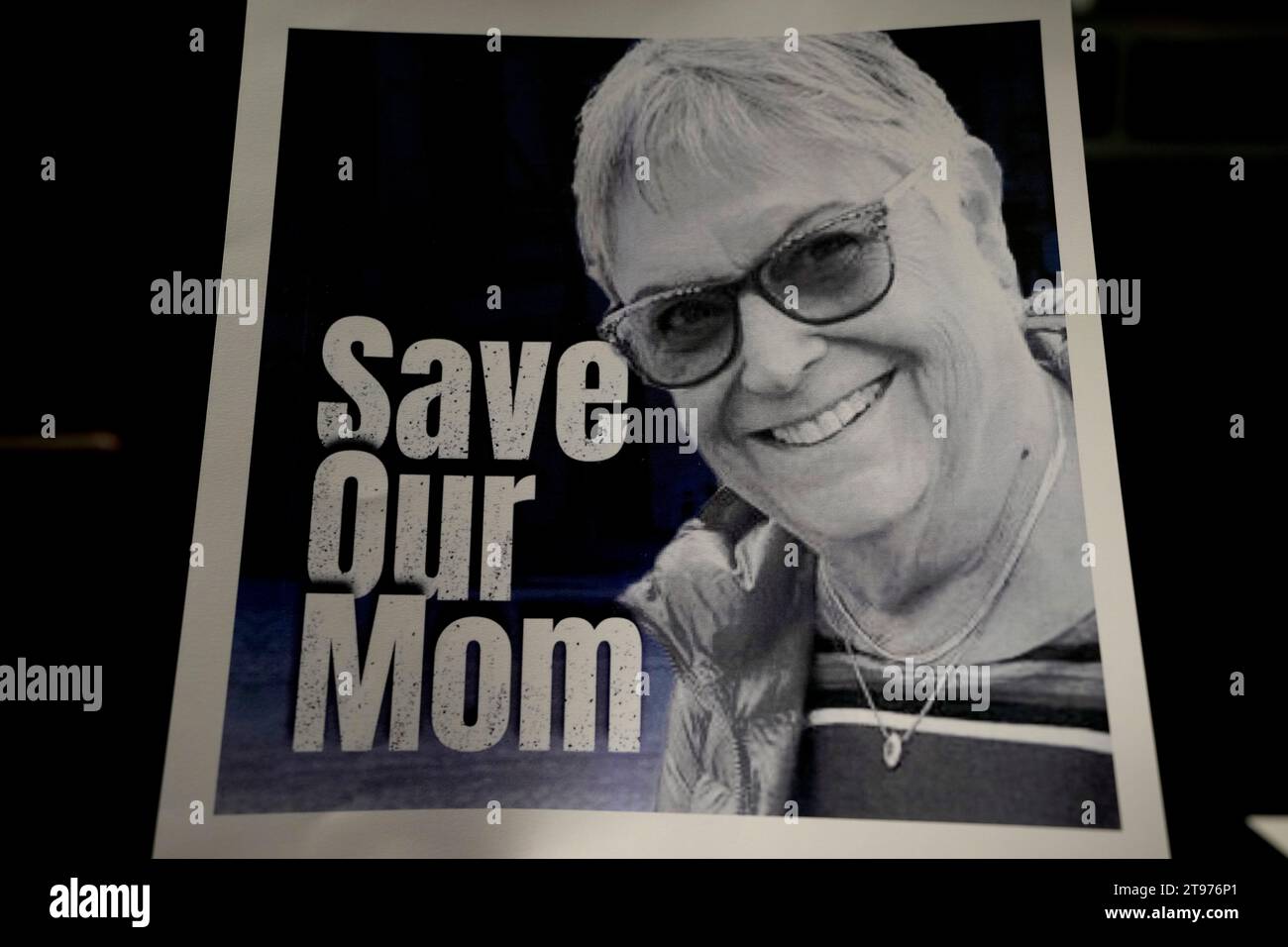 FILE - A poster of Ada Sagi, 75-year-old mother of Noam Sagi, is on ...