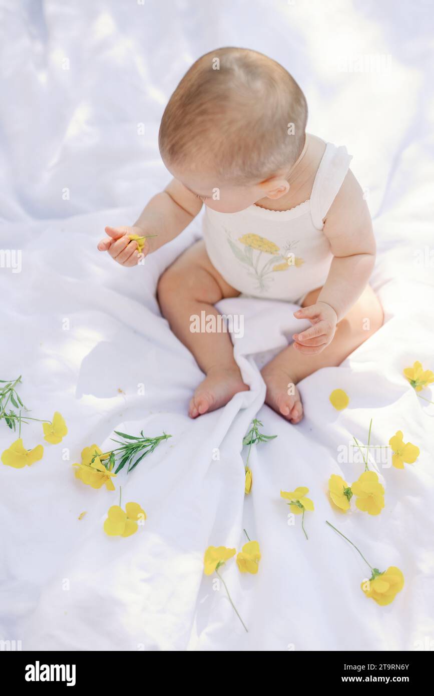 Blick von oben auf das Baby im Freien im Sommer mit gelben Blumen ...