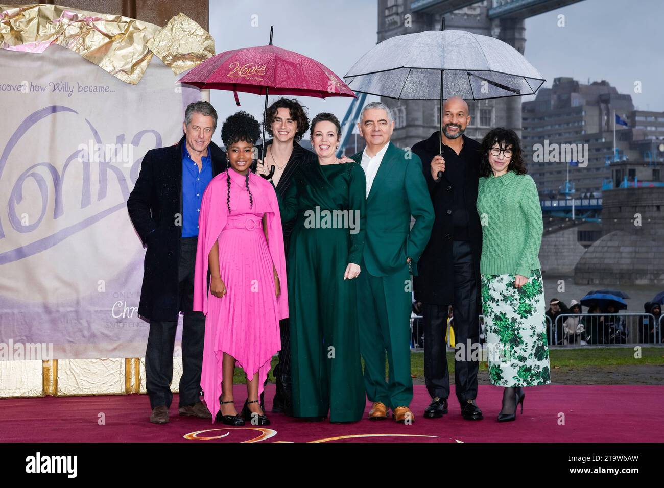 Hugh Grant, from left, Calah Lane, Timothee Chalamet, Olivia Colman ...