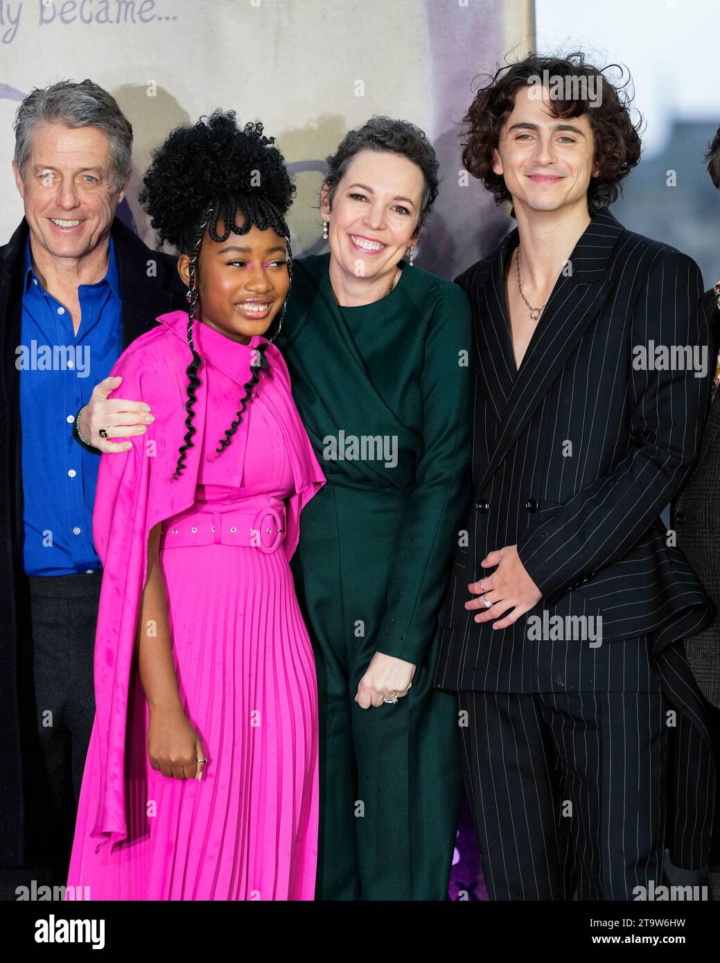 Hugh Grant, from left, Calah Lane, Olivia Colman, and Timothee Chalamet ...
