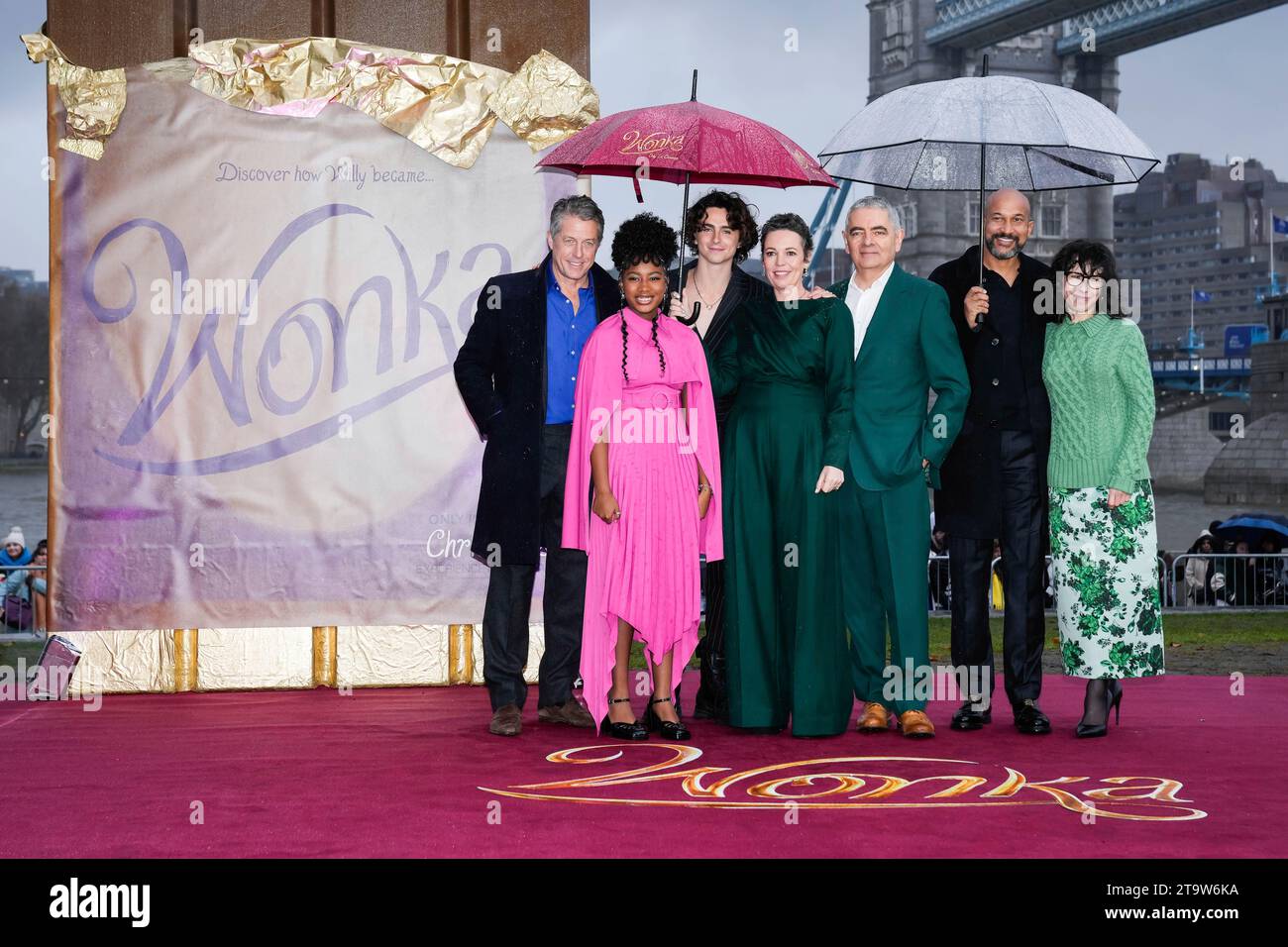 Hugh Grant, from left, Calah Lane, Timothee Chalamet, Olivia Colman ...
