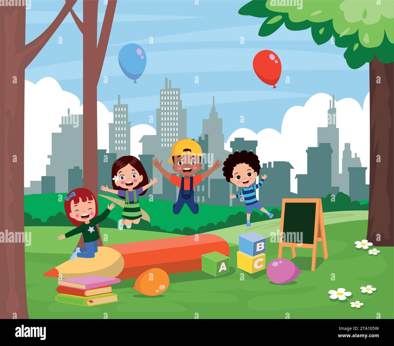 Springende Kinder. Glücklich lustige Kinder spielen und springen in ...