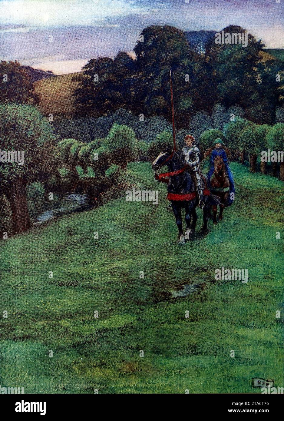 Ein Ritter und eine Dame zu Pferd auf dem englischen Land. Colour ...