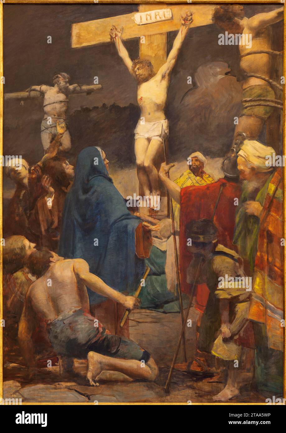 TREVISO, ITALIEN - 8. NOVEMBER 2023: Das Gemälde Kreuzigung als Teil der Kreuzwegstationen in ...