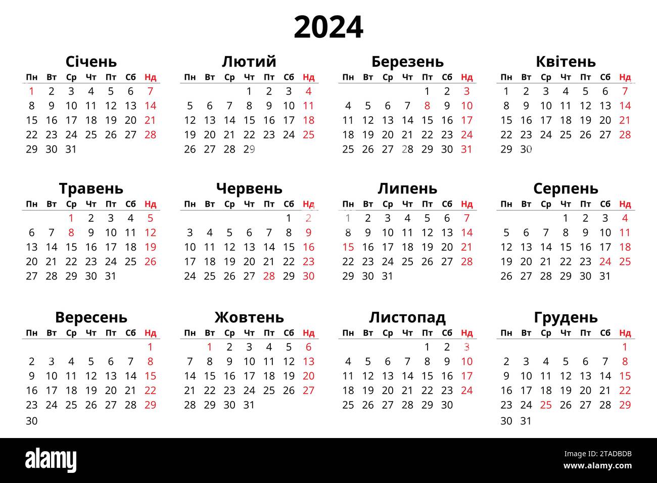 2024 ukrainischer Kalender mit roten Feiertagen. Moderne Vektorvorlage ...
