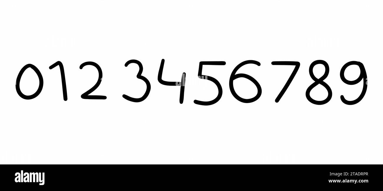 Handgeschriebene schwarze Ziffern, Zahlen, Schriftarten von 0 bis 9. Vektor-Illustration in ...