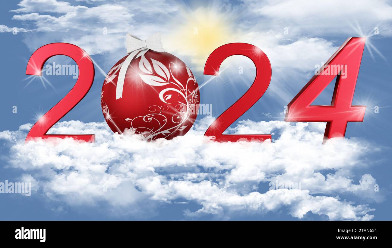 3D-Illustration. Neues Jahr 2024. Neujahr, 2024 in Zahlen, um die ...
