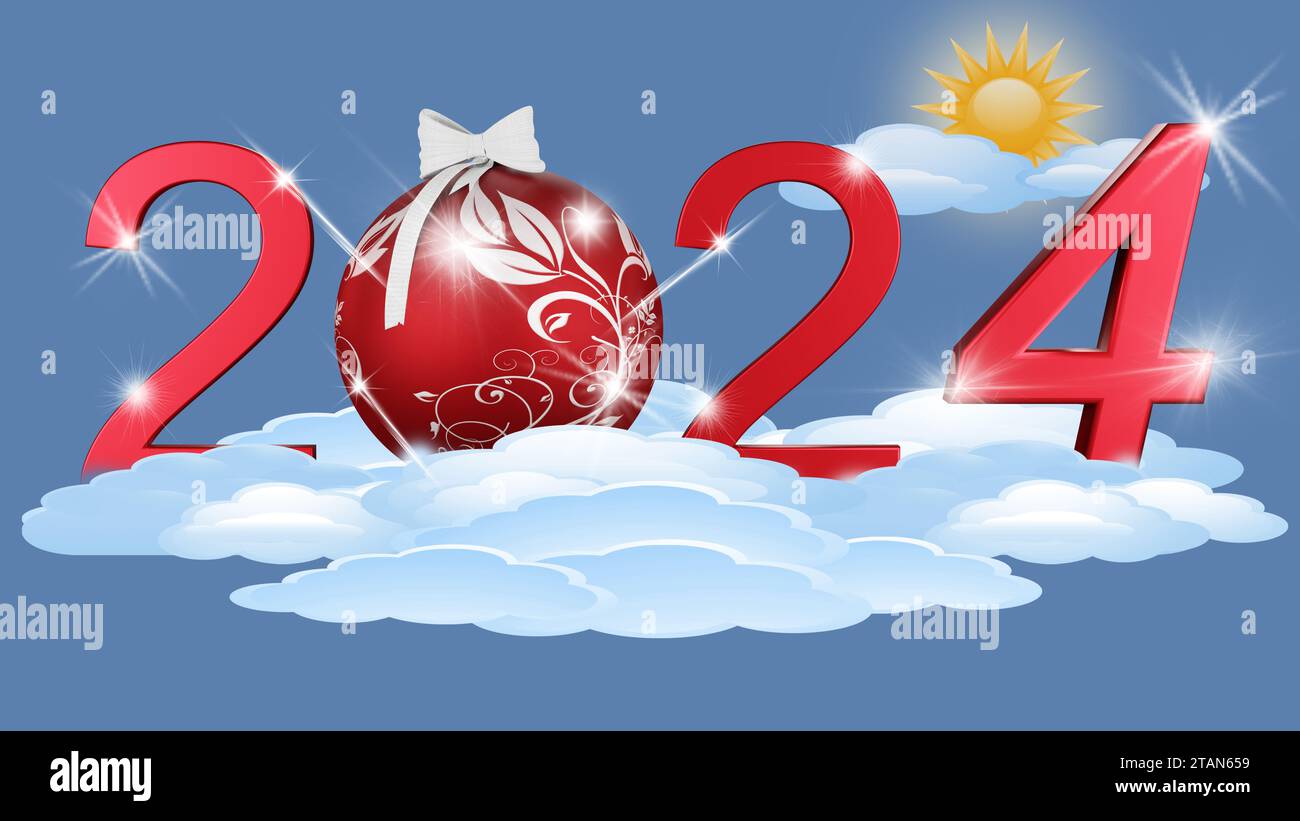 3D-Illustration. Neues Jahr 2024. Neujahr, 2024 in Zahlen, um die ...