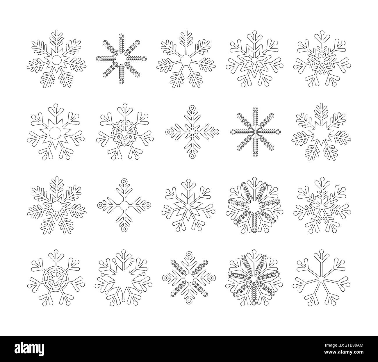 Reihe von linearen Symbolen für Schnee, Schneeflocken. Winterelemente ...