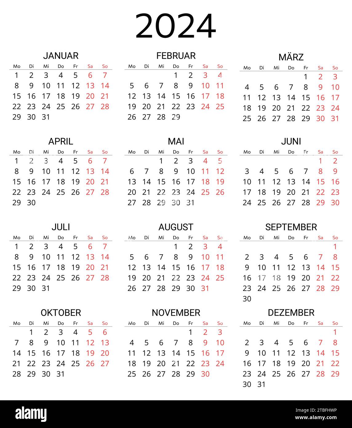 deutscher Kalender 2024. Druckbare, editierbare Vektorillustration für ...