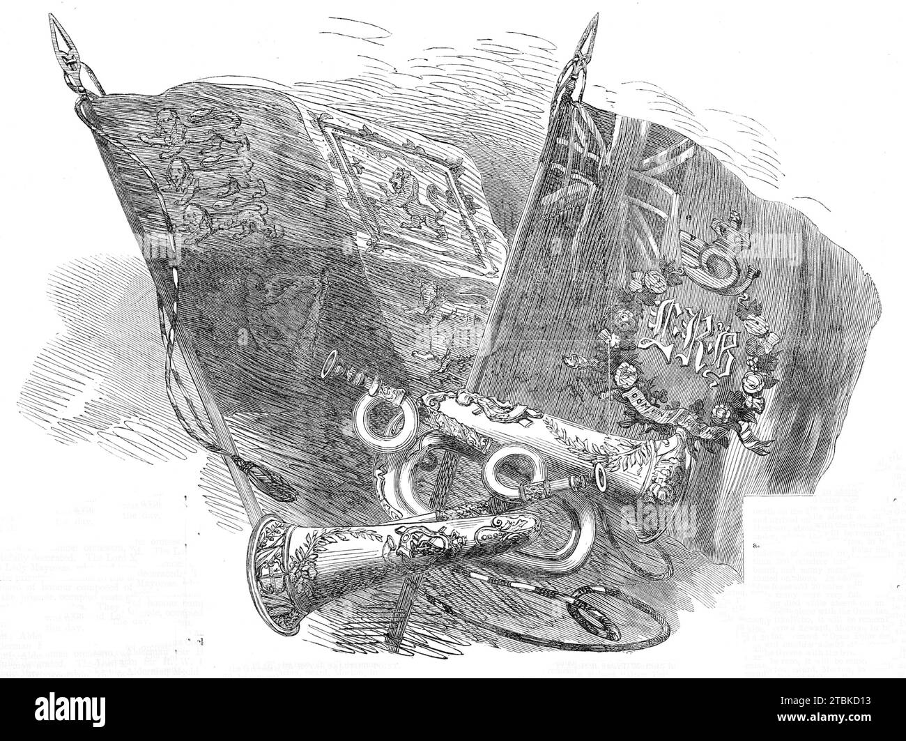 Farben und Bugles, die der Londoner Rifle Brigade von Lady Mayoress 1861 präsentiert wurden ...