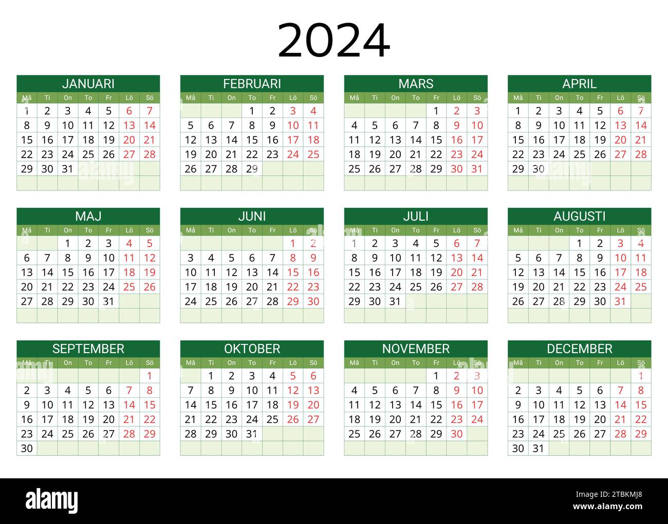schwedischer Kalender 2024. Druckbare, editierbare Vektorillustration ...