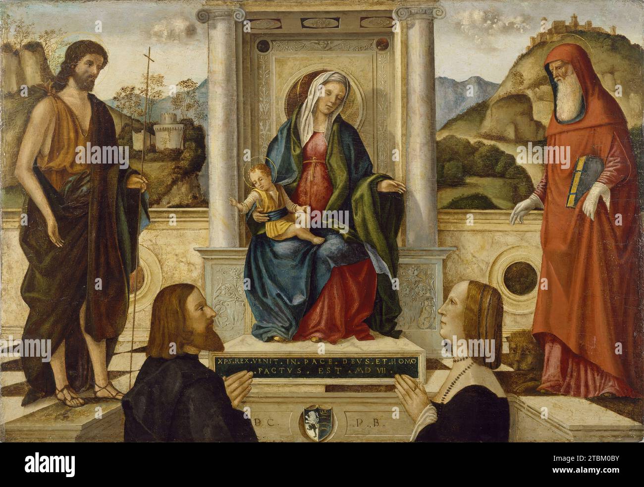 Madonna und Kind thront mit Heiligen und Spender, 1507. Dieses Gemälde zeigt die Madonna und das ...