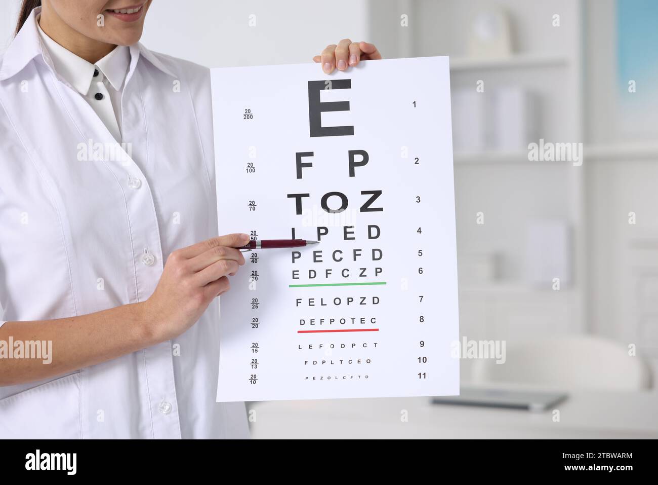 Augenarzt zeigt auf Sehtest-Chart in der Klinik, Nahaufnahme ...