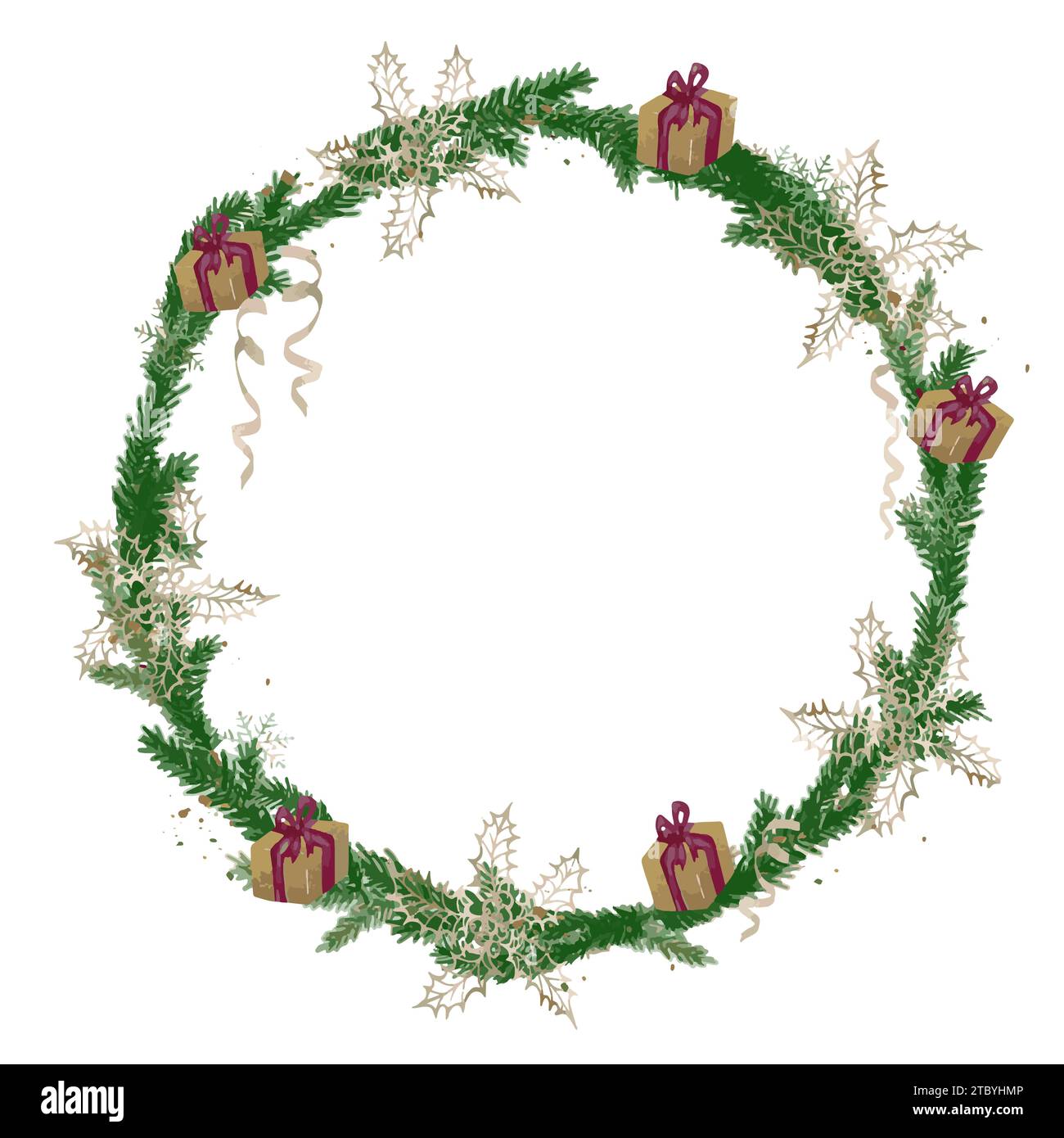Weihnachtskranz mit Tannenzweig und Geschenk für Karte oder Einladung ...